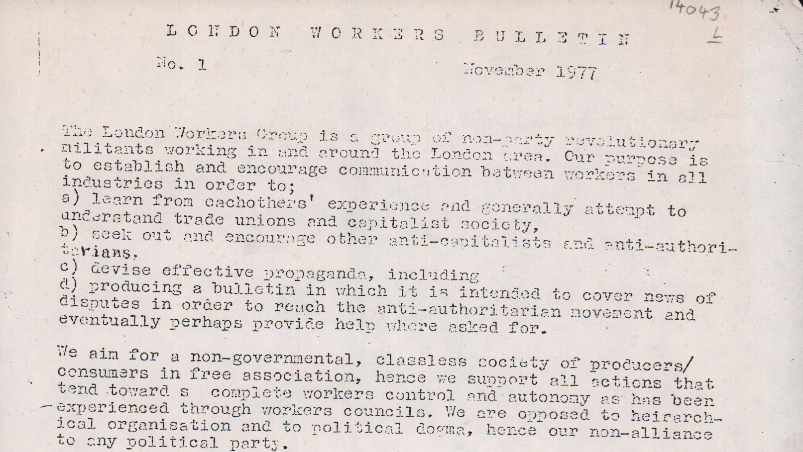 London Workers Group Bulletin #1 Nov 1977 (incomplete) | libcom.org