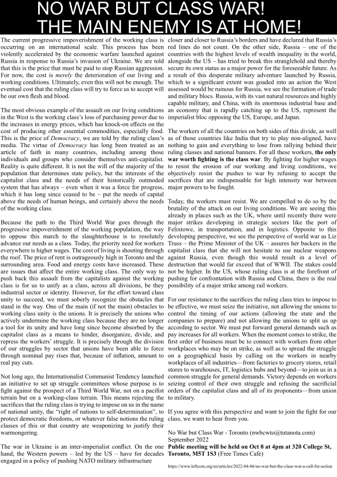 No War but the Class War: Statement from NWBCW Toronto | libcom.org