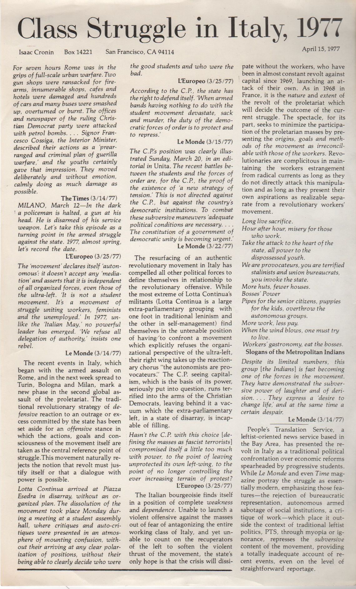 Class Struggle in Italy, 1977 - Isaac Cronin | libcom.org