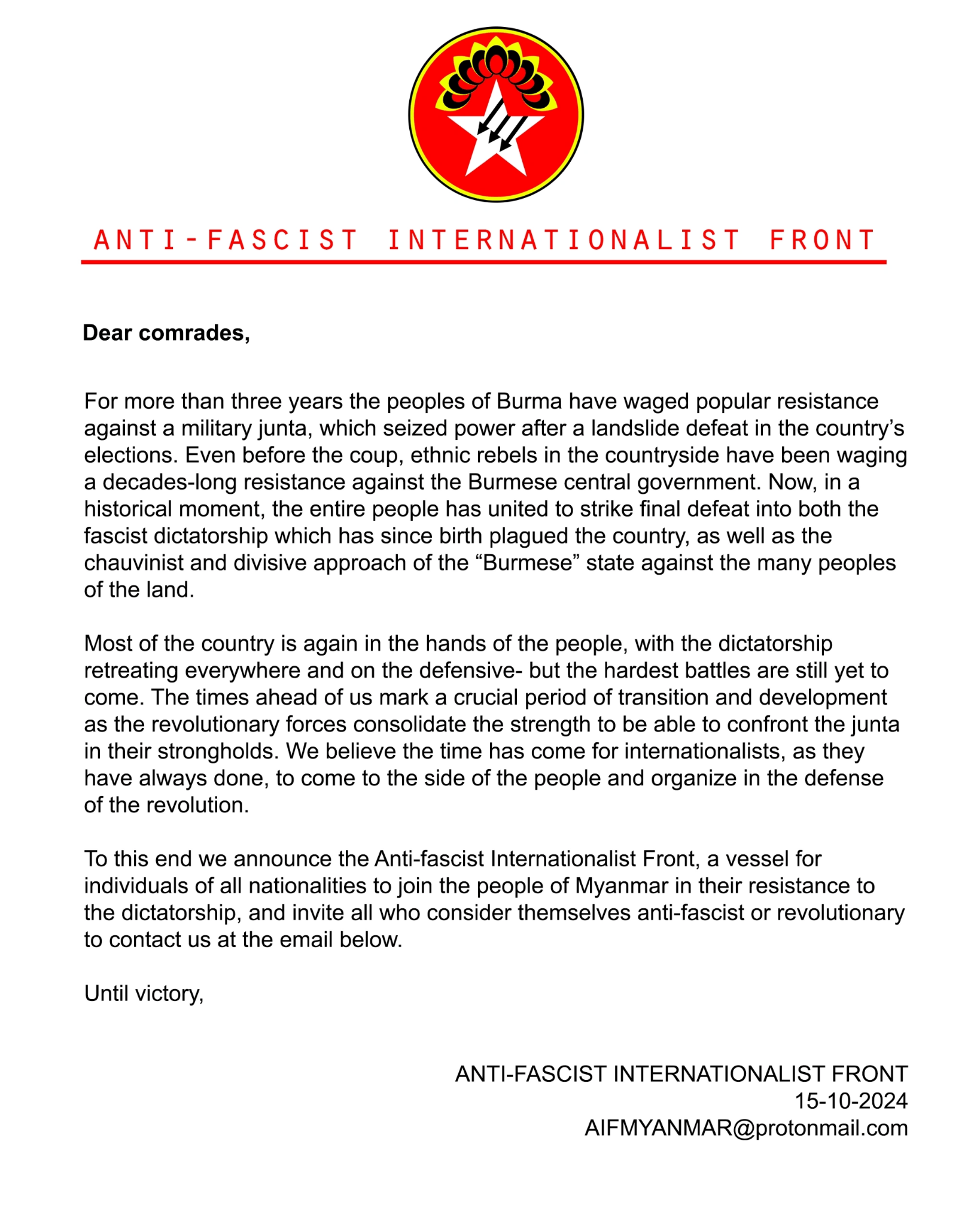 Statement from "Anti-Fascist Internationalist Front" Myanmar (15th October 2024) | libcom.org