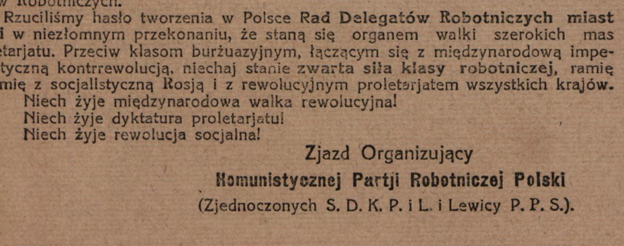 From the Founding Congress of the Communist Workers’ Party of Poland ...