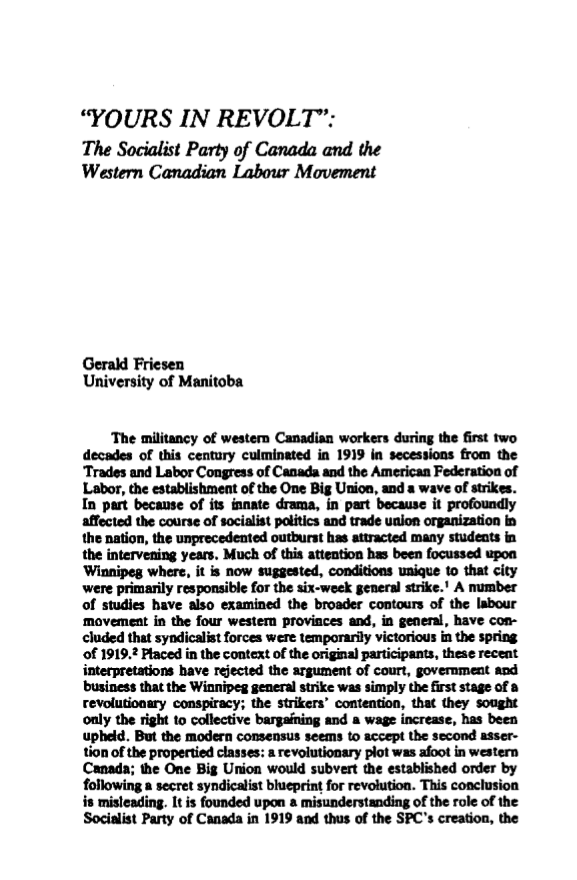 Yours in Revolt : The Socialist Party of Canada and the Western ...